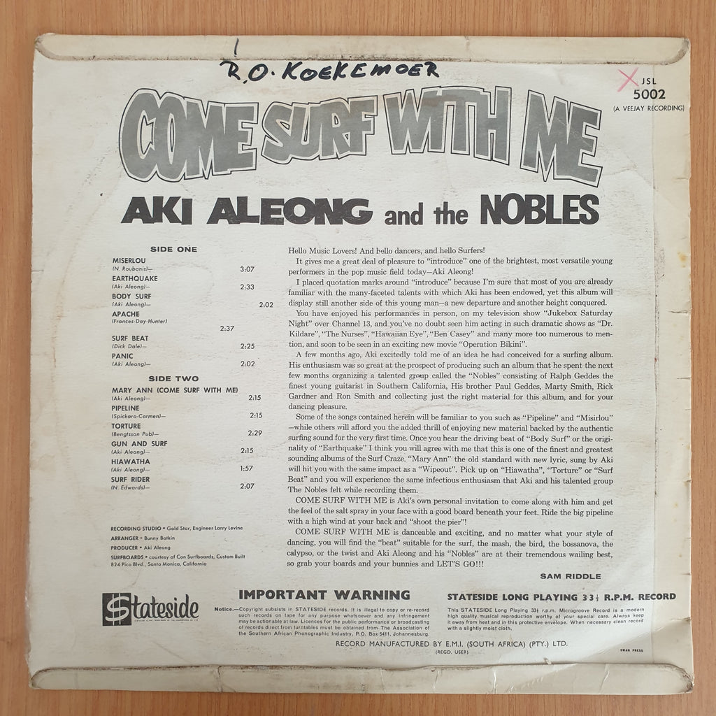 Aki Aleong And The Nobles – Come Surf With Me ‎– Vinyl LP Record (Fair – C-Plan Audio