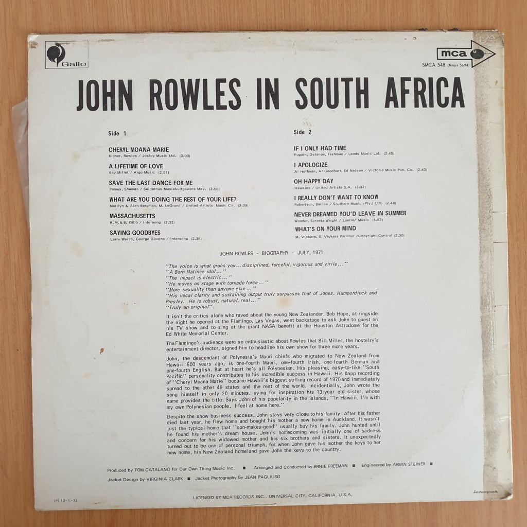 John Rowles – John Rowles In South Africa - Vinyl LP Record (VG-) – C ...